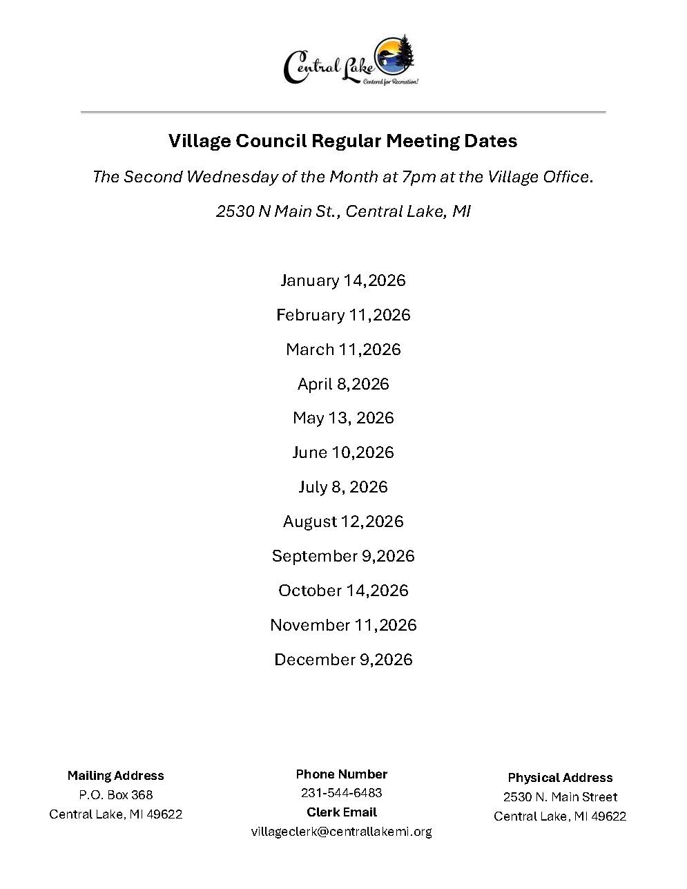 Regular Council Meeting Dates 2026 - Village of Central Lake